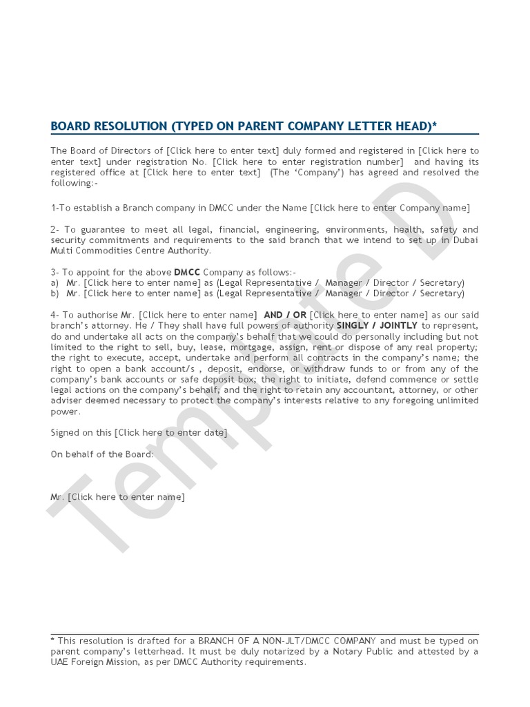 Board Resolution (Typed On Parent Company Letter Head) | PDF