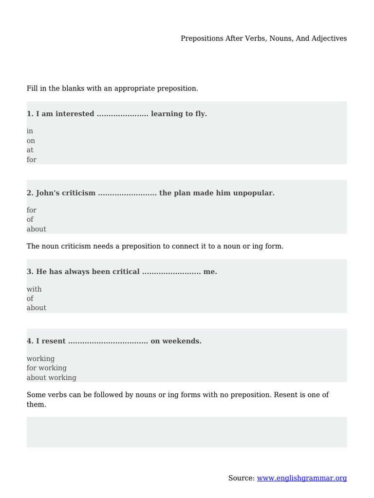 Prepositions After Verbs, Nouns, and Adjectives | PDF | Language Arts ...