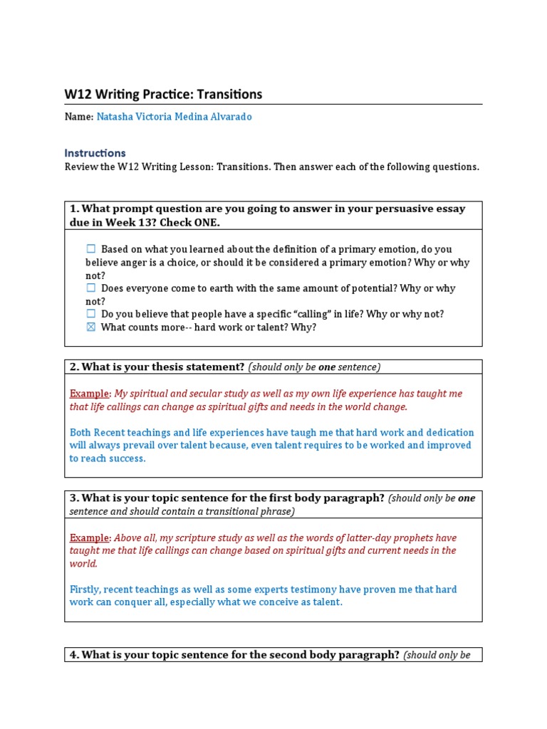 W12 Writing Practice: Transitions: Instructions | PDF | Cognitive ...