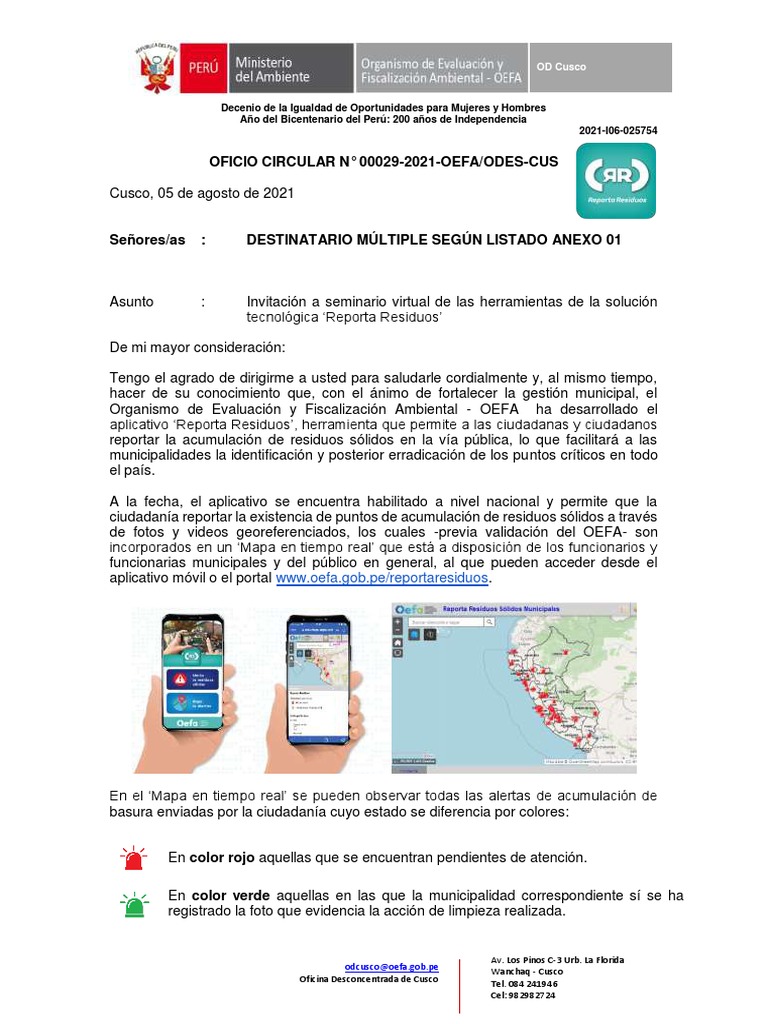 Oficio Circular 29-2021-OEFA-ODES-CUS | PDF | Residuos | America latina