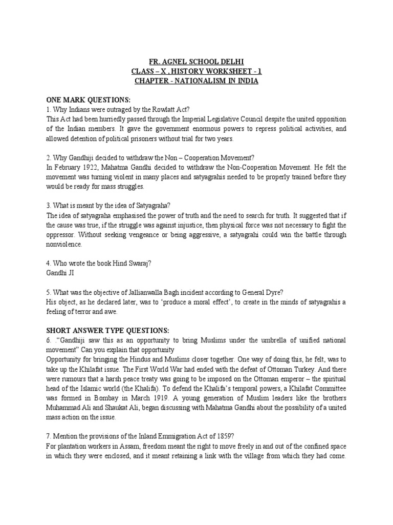 X Worksheet Answers, History-Nationalism in India | PDF | Mahatma ...