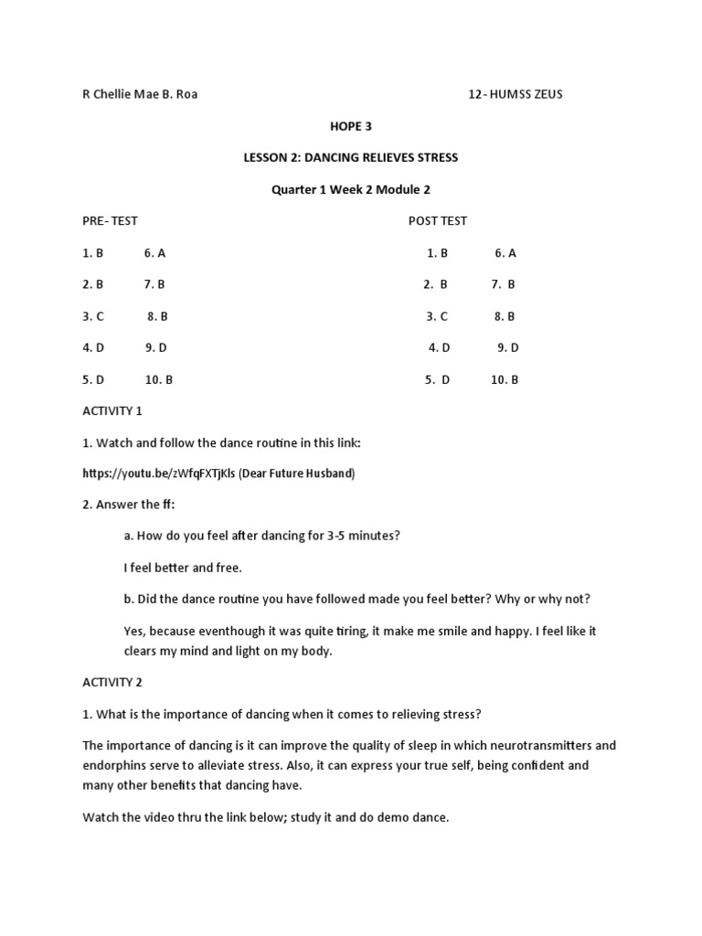 Hope 3 Lesson 2: Dancing Relieves Stress Quarter 1 Week 2 Module 2 ...