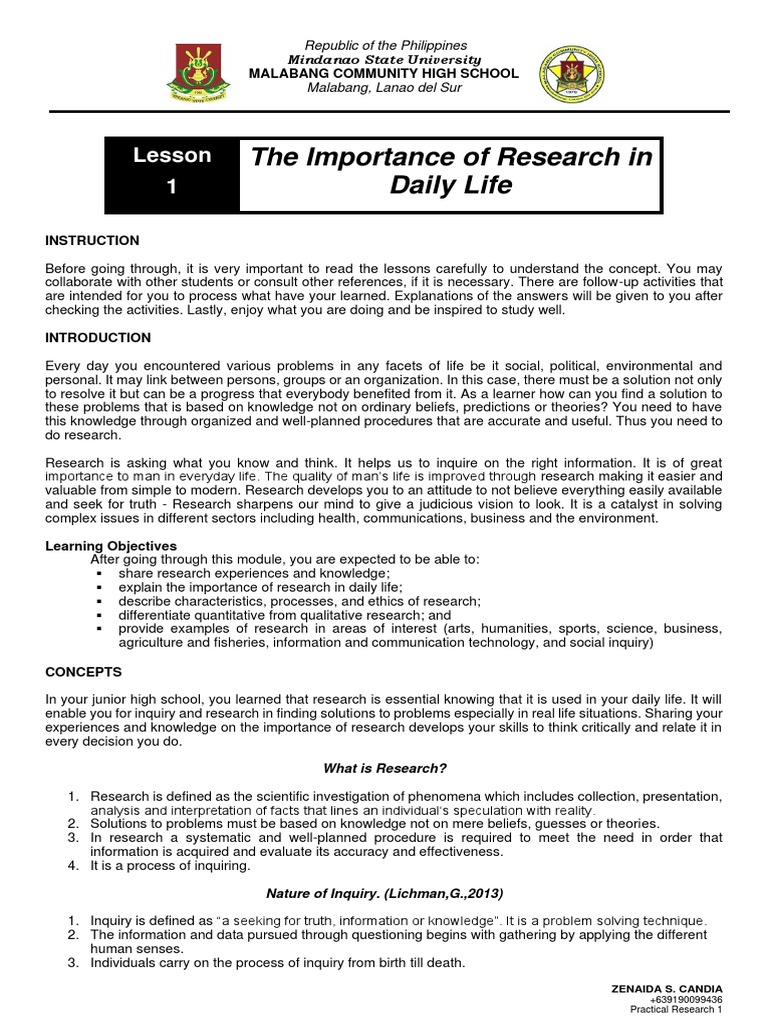 The Importance of Research in Daily Life: Lesson 1 | PDF | Inquiry ...
