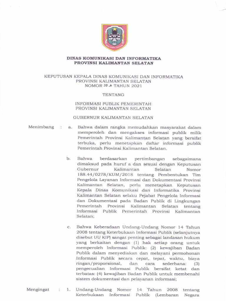 SK Daftar Inpublik Prov Kalsel Tahun 2021 | PDF