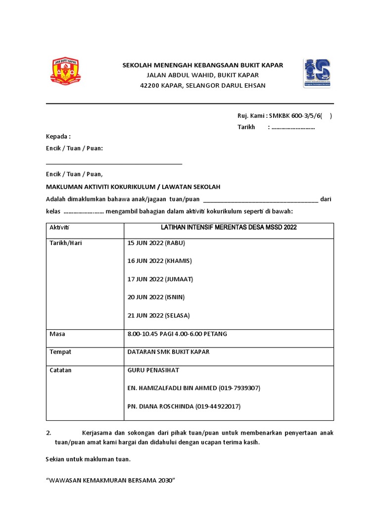 Surat Makluman Ibu Bapa MSSD 2022 | PDF