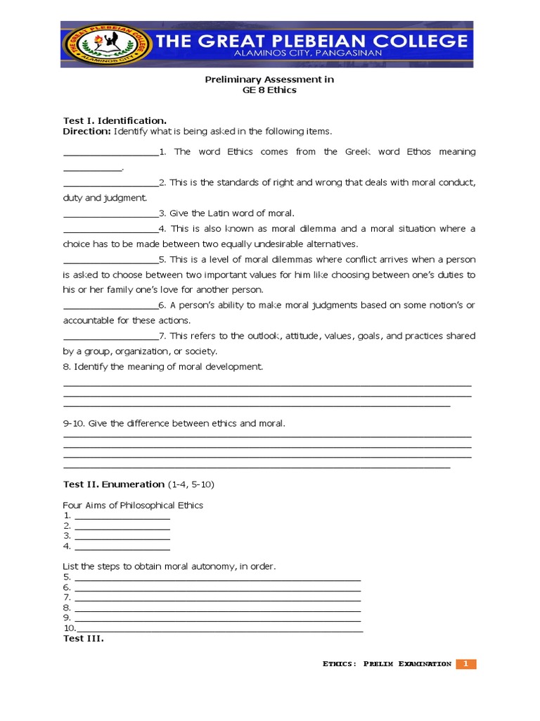 Preliminary Assessment in GE 8 Ethics Test I. Identification. Direction ...