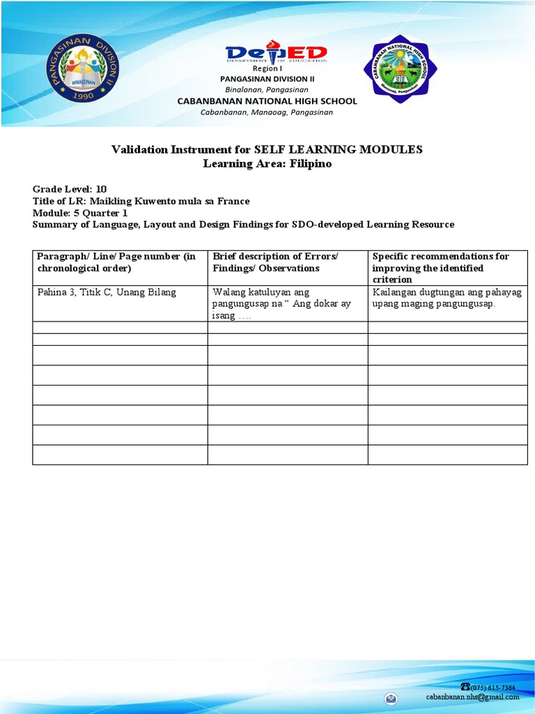 Validation Instrument For SELF LEARNING MODULES Learning Area: Filipino ...