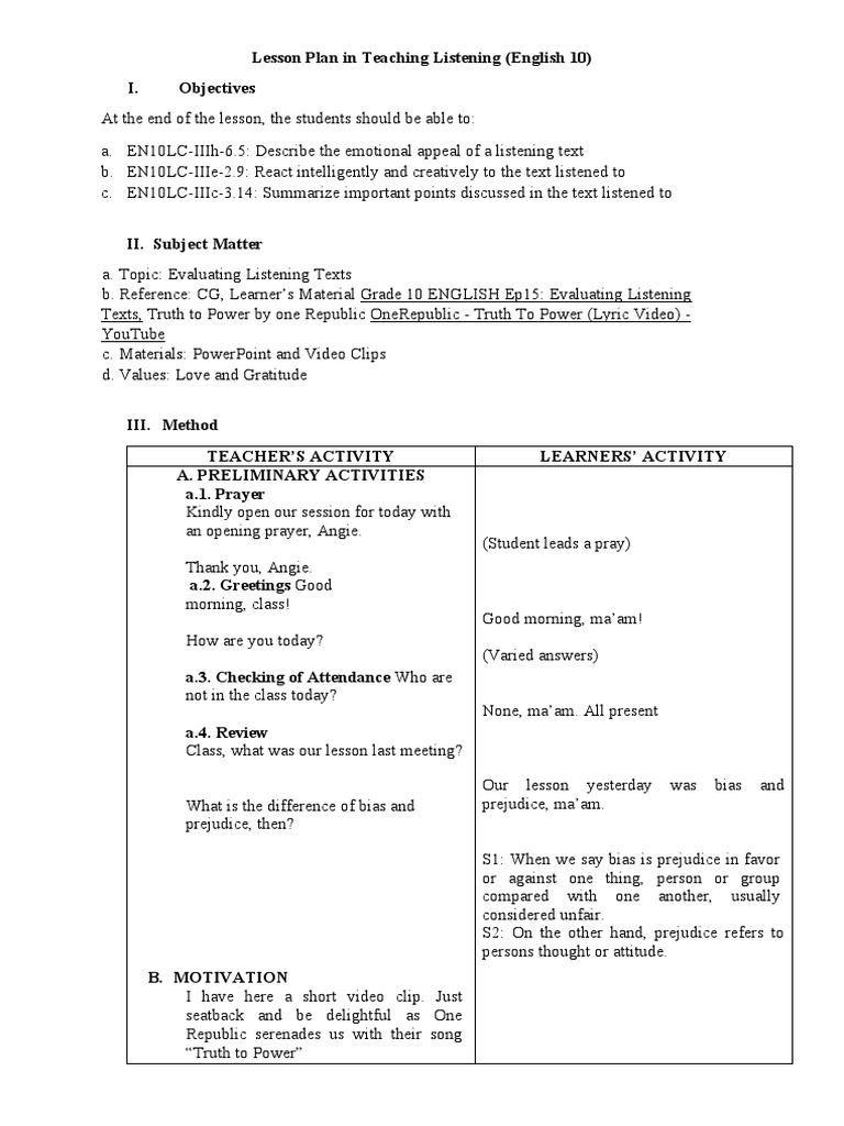 Lesson Plan in Teaching Listening | PDF | Fluency | Tone (Linguistics)