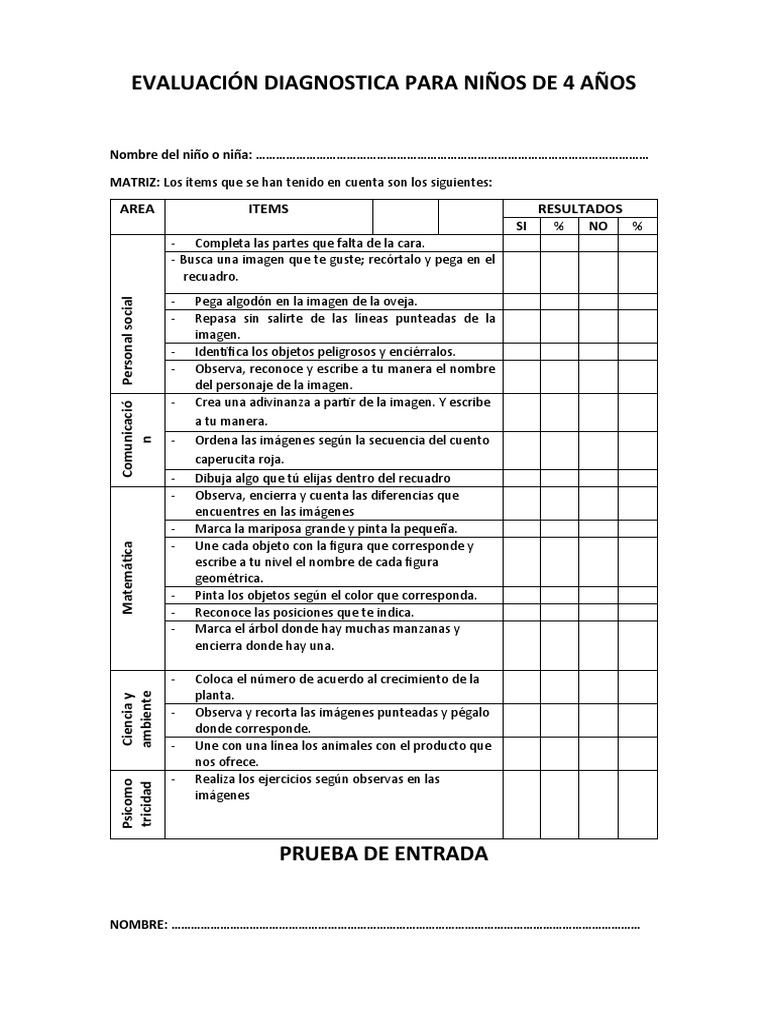 Evaluación Diagnostica 4 Años | PDF