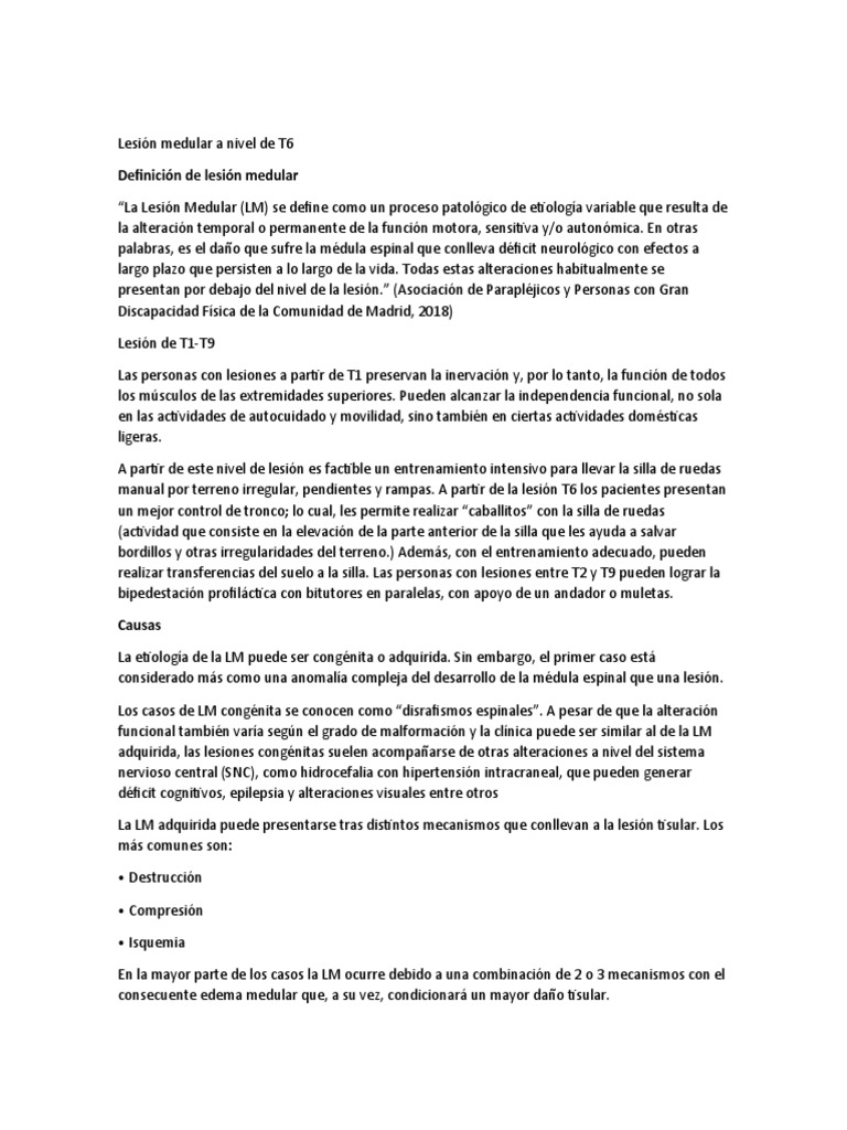 Lesión Medular A Nivel de T6 | PDF | Lesión de la médula espinal | Terapia física