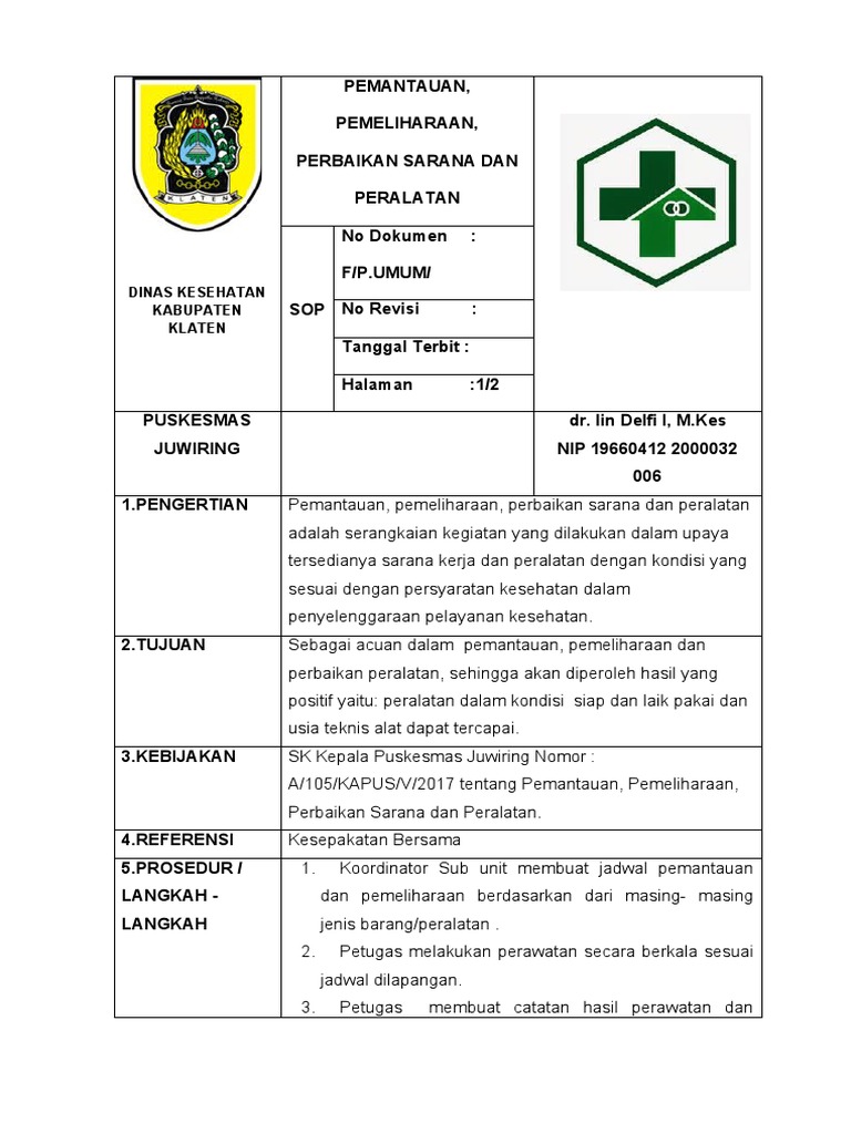 8.5.1.4 Sop Pemantauan, Pemeliharaan, Perbaikan Sarana Dan Peralatan | PDF | Sains & Matematika