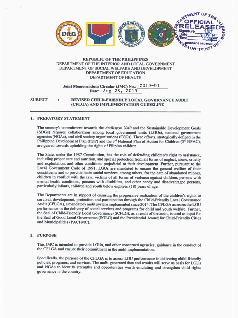 DILG-DSWD-DEPED-DOH JMC No. 2019-01 Revised CFLGA | PDF