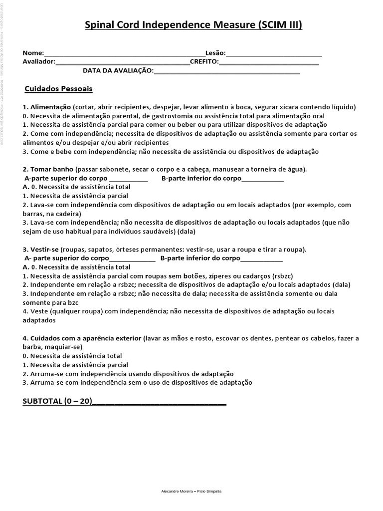 Medida de Independência SCIM III | PDF | Roupas | Cadeira de Rodas