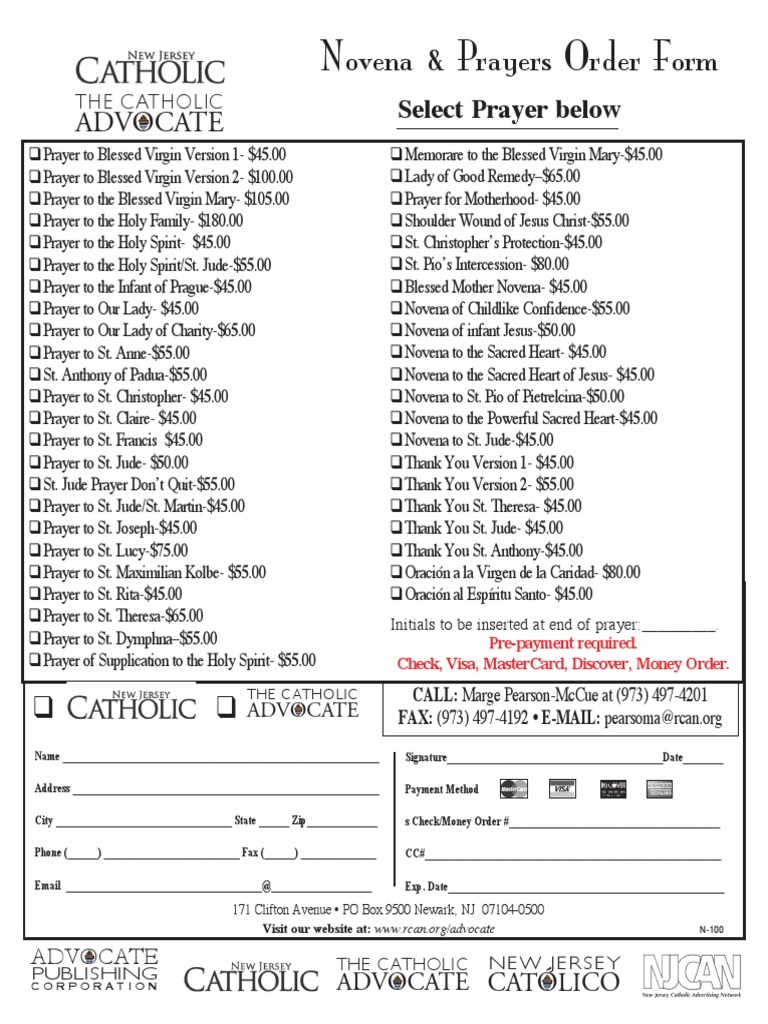 Novena & Prayers Order Form: Advocate | PDF | Mary, Mother Of Jesus ...