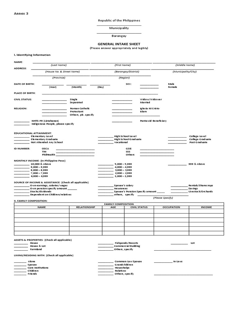 Annex 3: General Intake Sheet | PDF