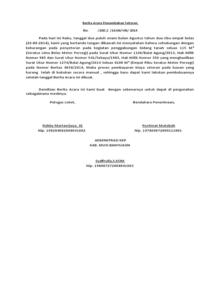 Berita Acara Penambahan Setoran | PDF