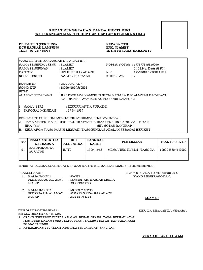 Surat Pengesahan Tanda Bukti Diri Slamet | PDF