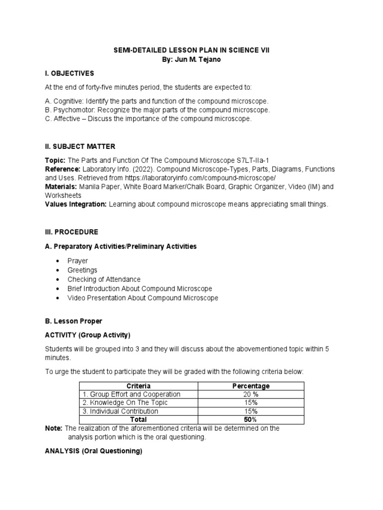 Semi-Detailed Lesson Plan in Science Vii - Microscope | PDF | Optics ...