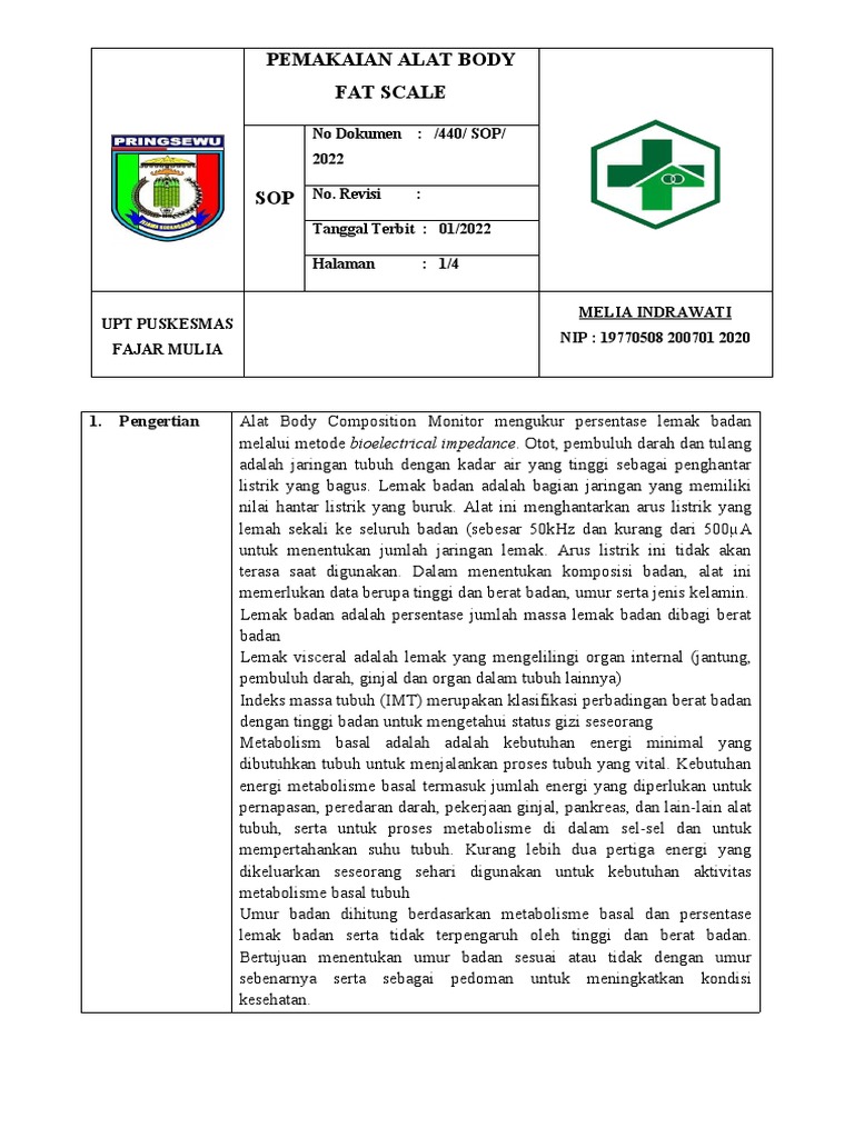 Sop PEMAKAIAN ALAT BODY FAT SCALE-1 | PDF