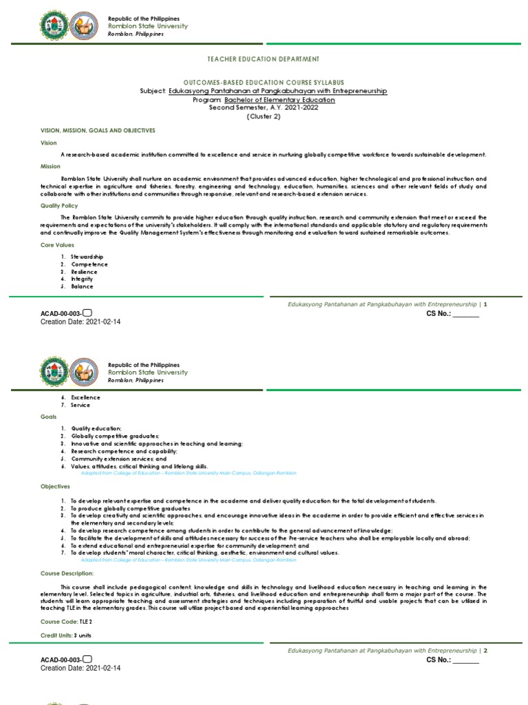Edukasyong Pantahanan at Pangkabuhayan With Entrep. Course Syllabus ...