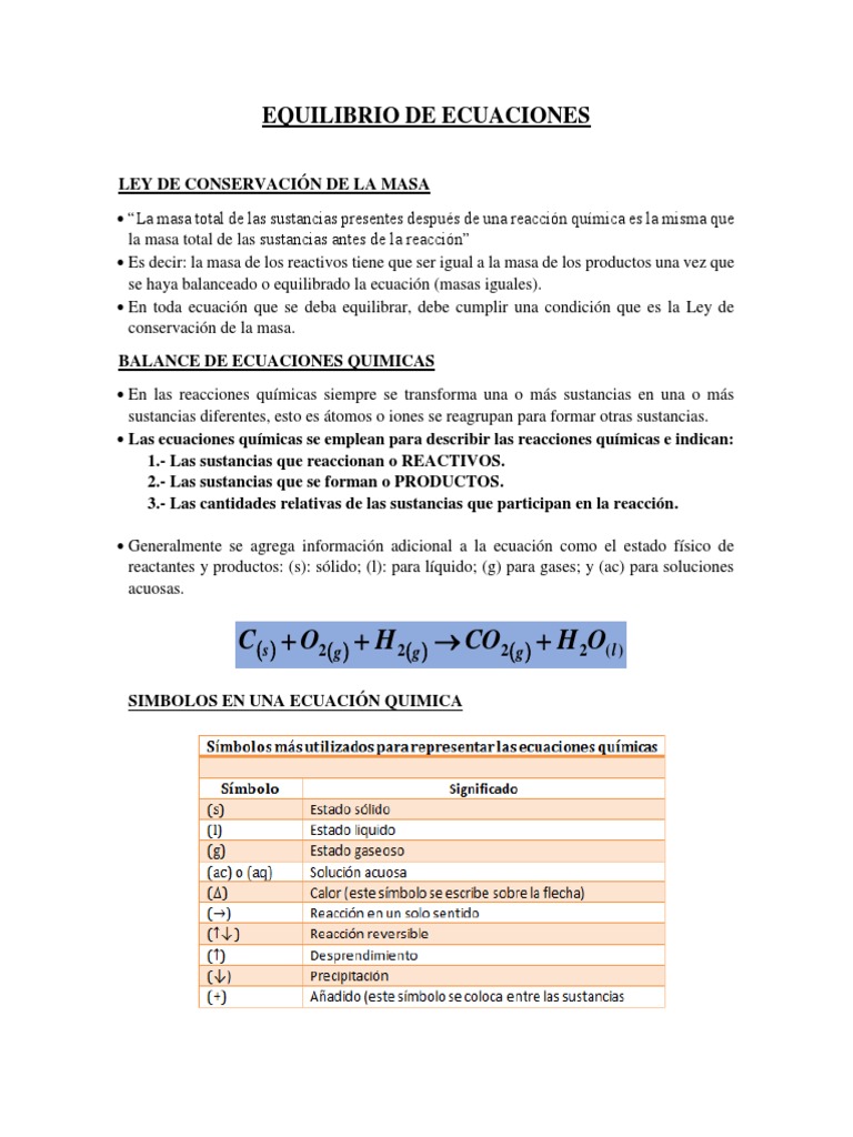Balanceo de Ecuaciones Químicas | PDF | Reacciones químicas | Ecuaciones