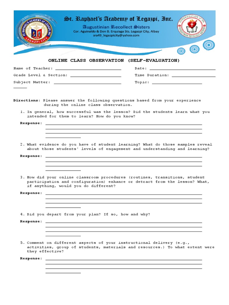 Online Class Observation (Self-Evaluation) : Directions: Please Answer ...