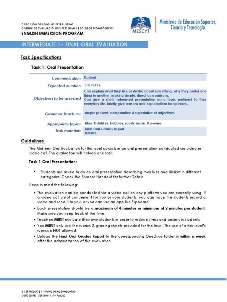 INT 1 - Final Oral Evaluation Guidelines | PDF | Career & Growth
