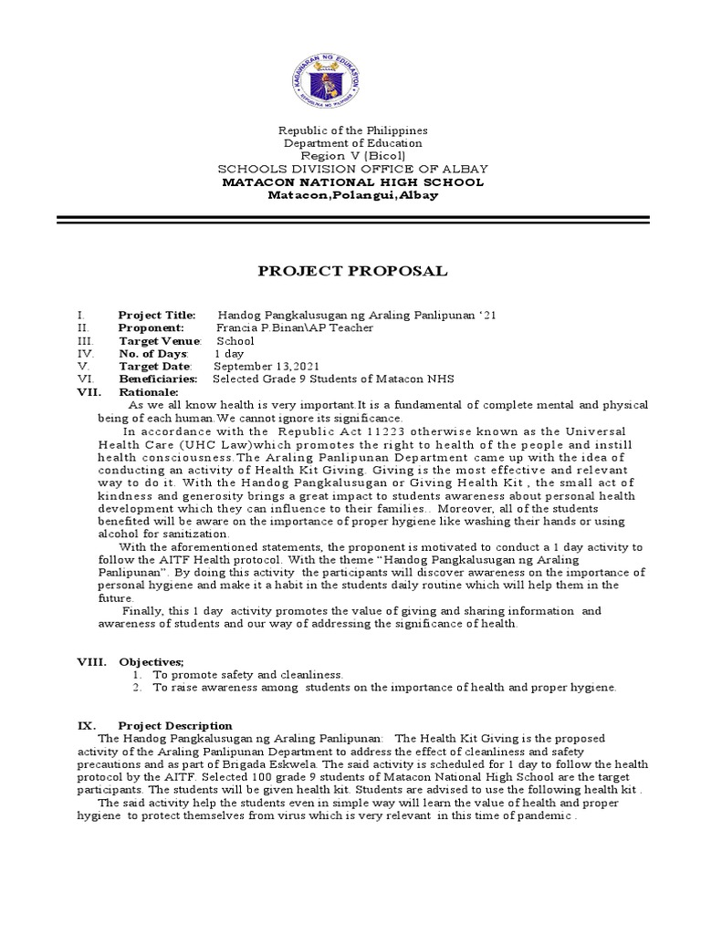 Project Proposal Handog Pangkalusugan NG Araling Panlipunan | PDF ...