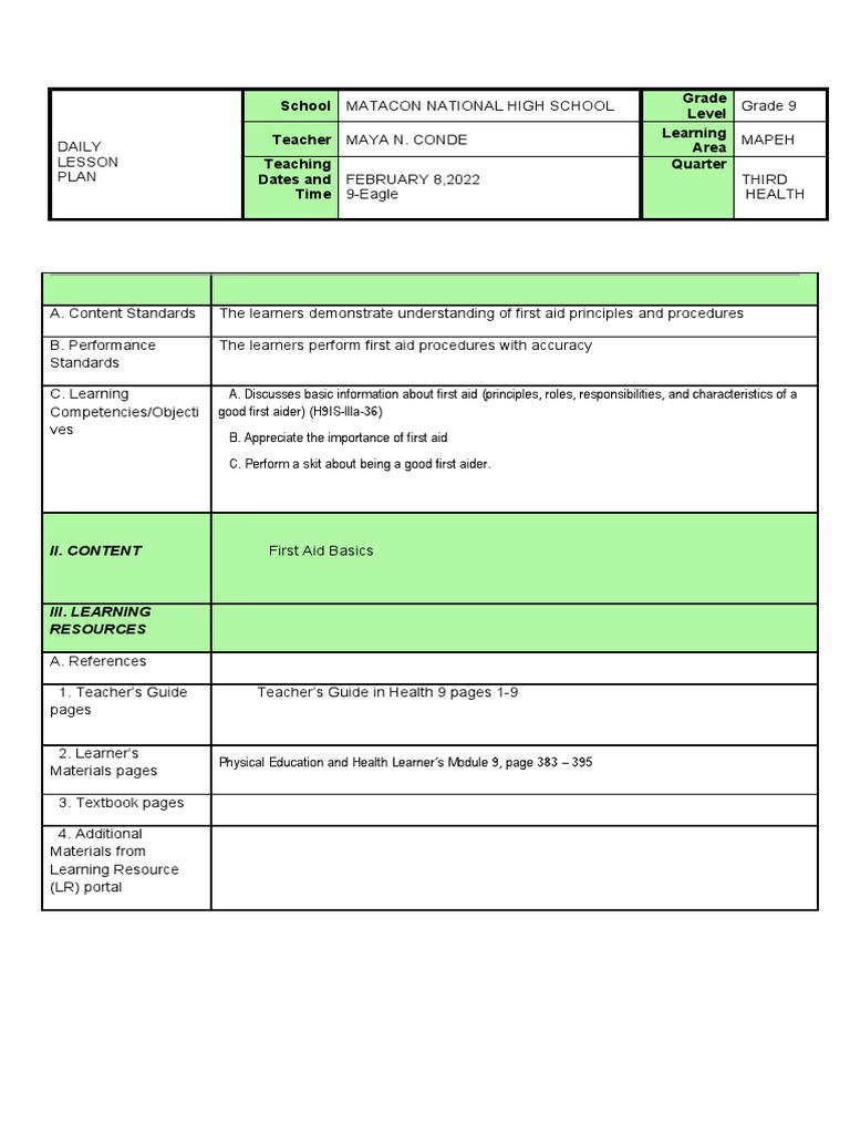 Lesson Plan Cot Grade 9 Health Third MAYA CONDE | PDF | First Aid ...