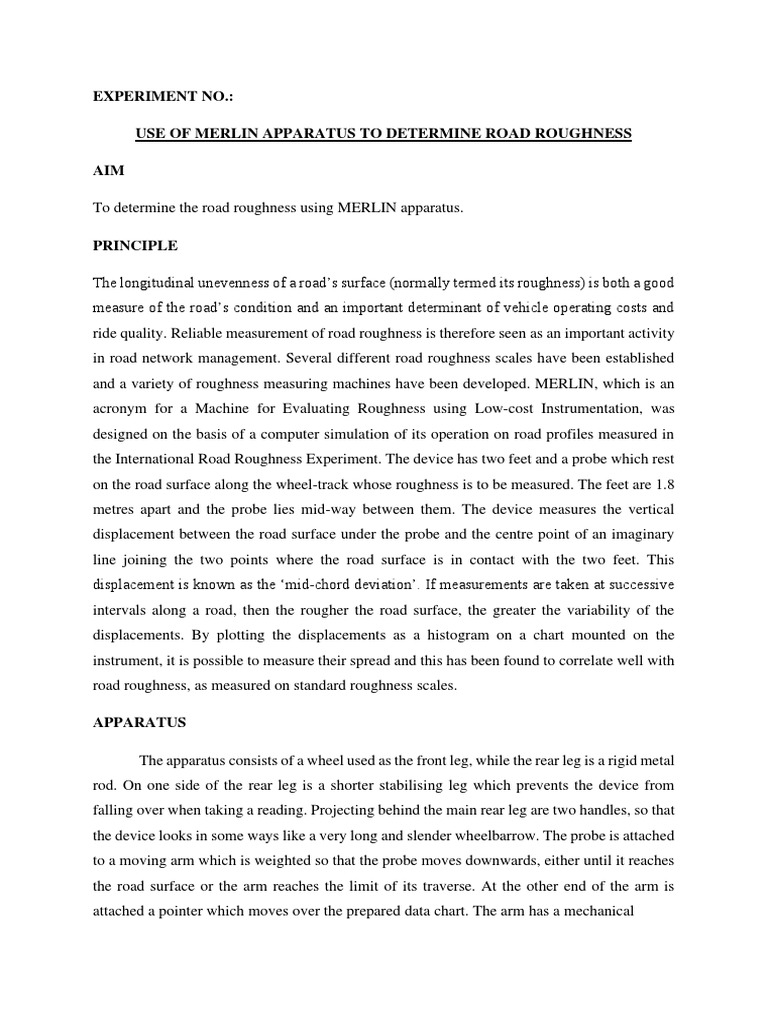 Experiment No.: Use of Merlin Apparatus To Determine Road Roughness AIM ...