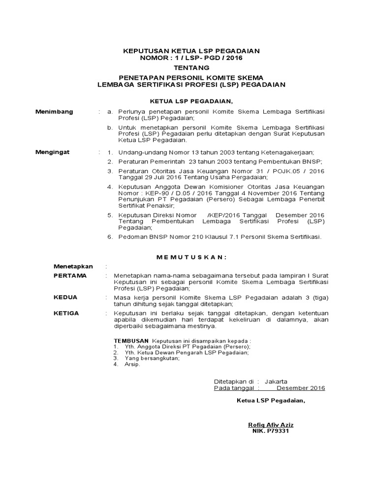 SK PENETAPAN KOMITE SKEMA LSP Rev.1 | PDF