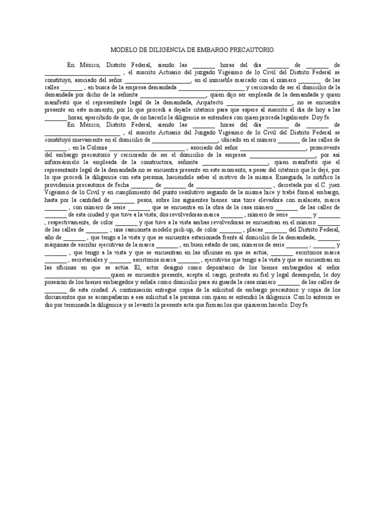 MODELO DE DILIGENCIA DE EMBARGO PRECAUTORIO | PDF MODELO DE DILIGENCIA DE EMBARGO PRECAUTORIO | PDF