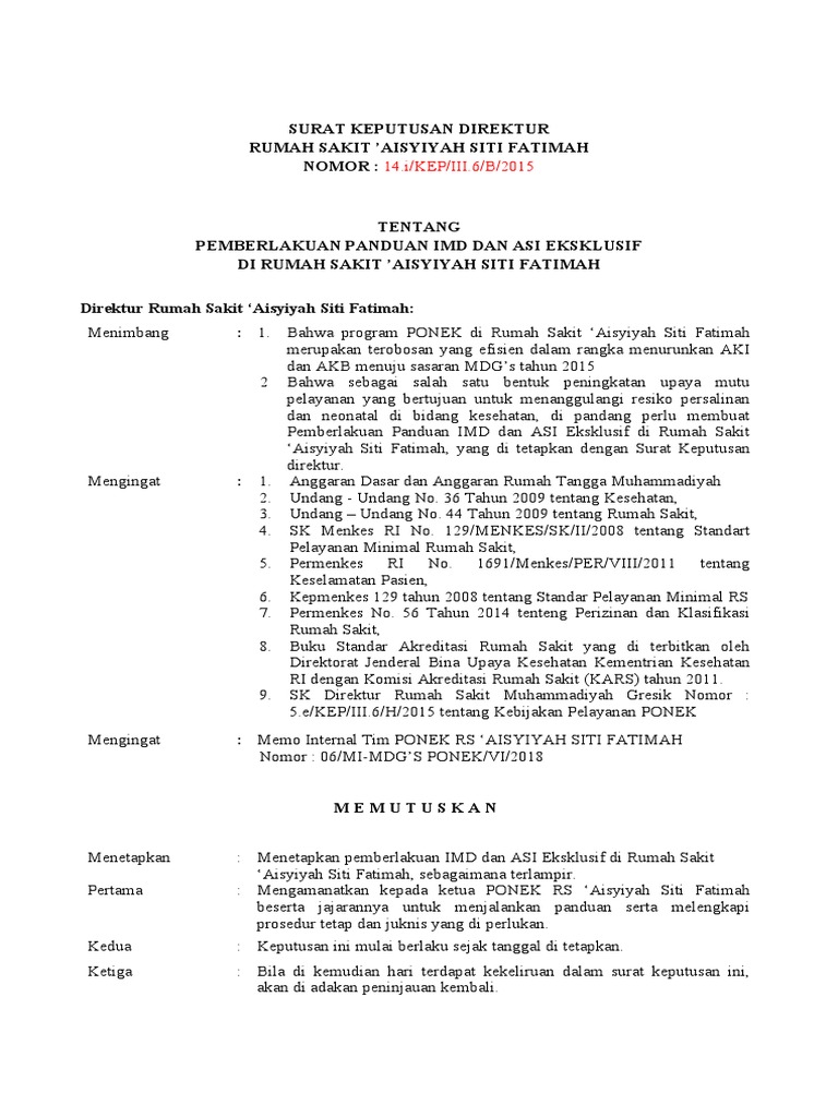 SK Pemberlakuan Panduan Imd Dan Asi Eksklusif | PDF