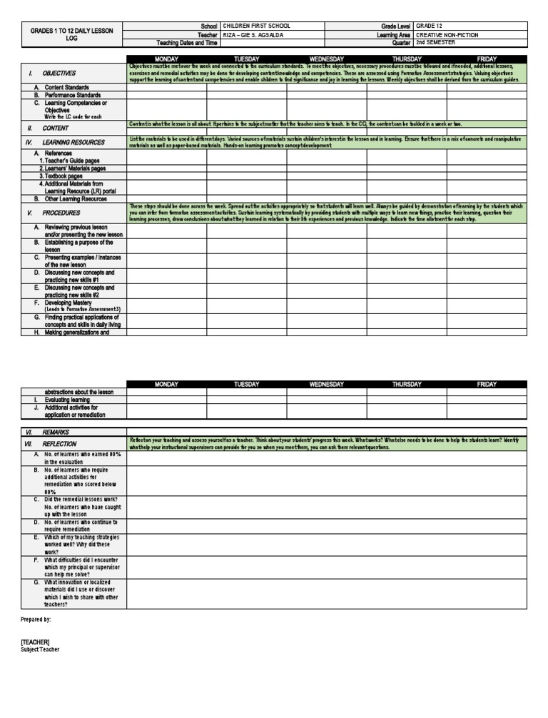 Daily Lesson Log for Grade 12 Creative Non-Fiction | PDF | Learning ...