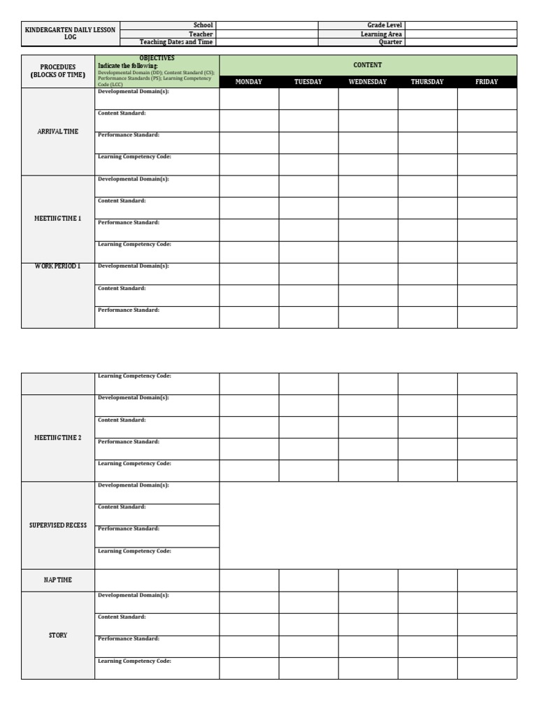 Kindergarten Daily Lesson Log | PDF | Teachers | Learning