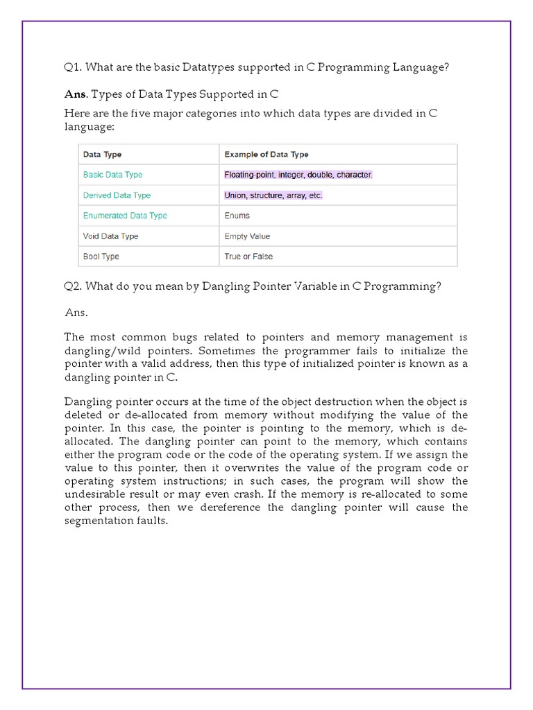 Ans. Types of Data Types Supported in C | PDF | Pointer (Computer ...