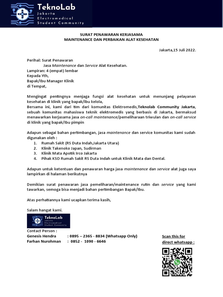 Surat Penawaran Kerjasama On-Call Maintenance Dan Service TeknoLab | PDF