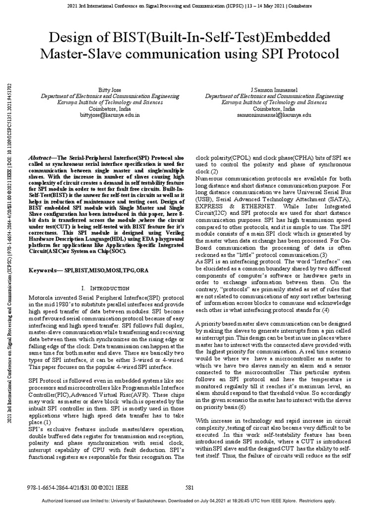 Design of BIST (Built-In-Self-Test) Embedded Master-Slave Communication ...