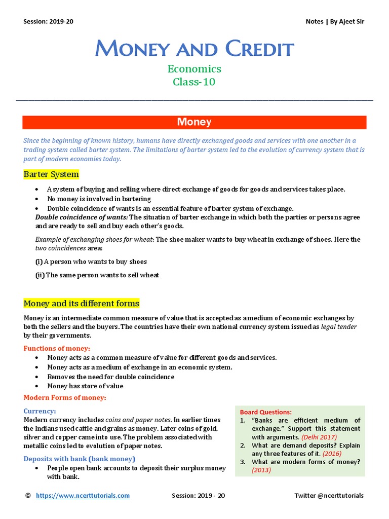 Money and Credit: Economics Class-10 | PDF | Loans | Finance & Money ...