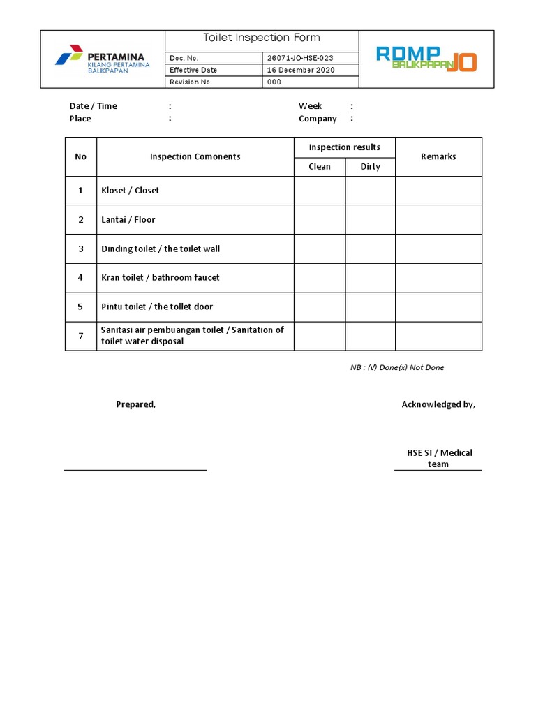 26071-JO-HSE-023 Toilet Inspection Form | PDF
