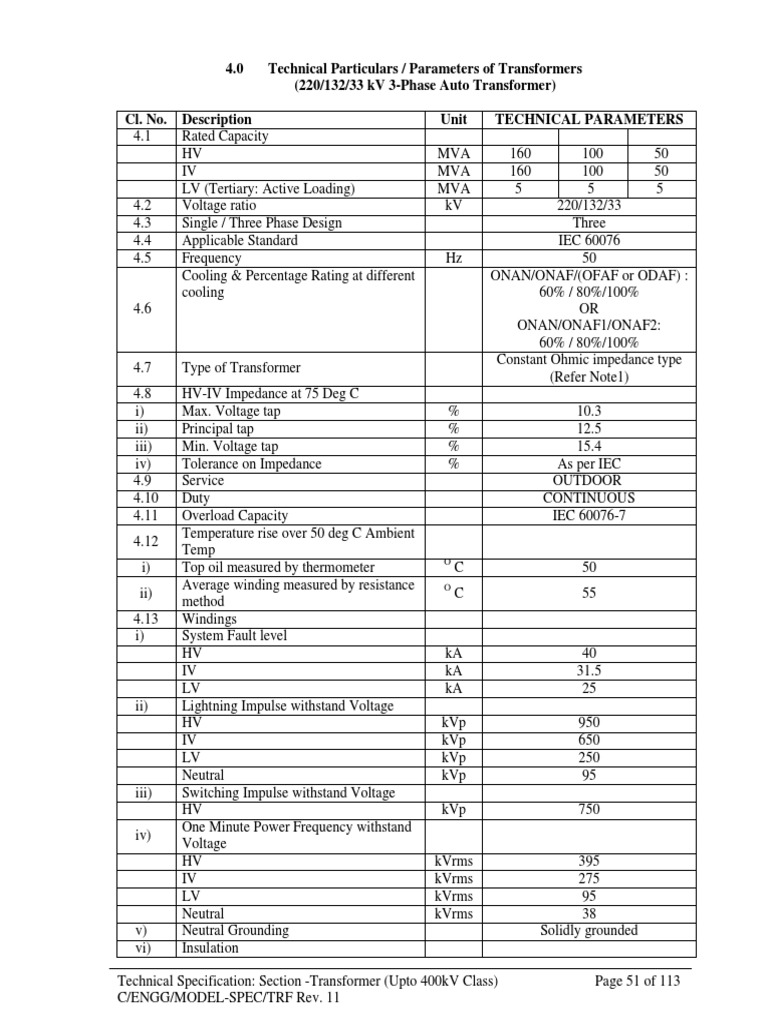 4.0 Technical Particulars / Parameters of Transformers (220/132/33 KV 3 ...