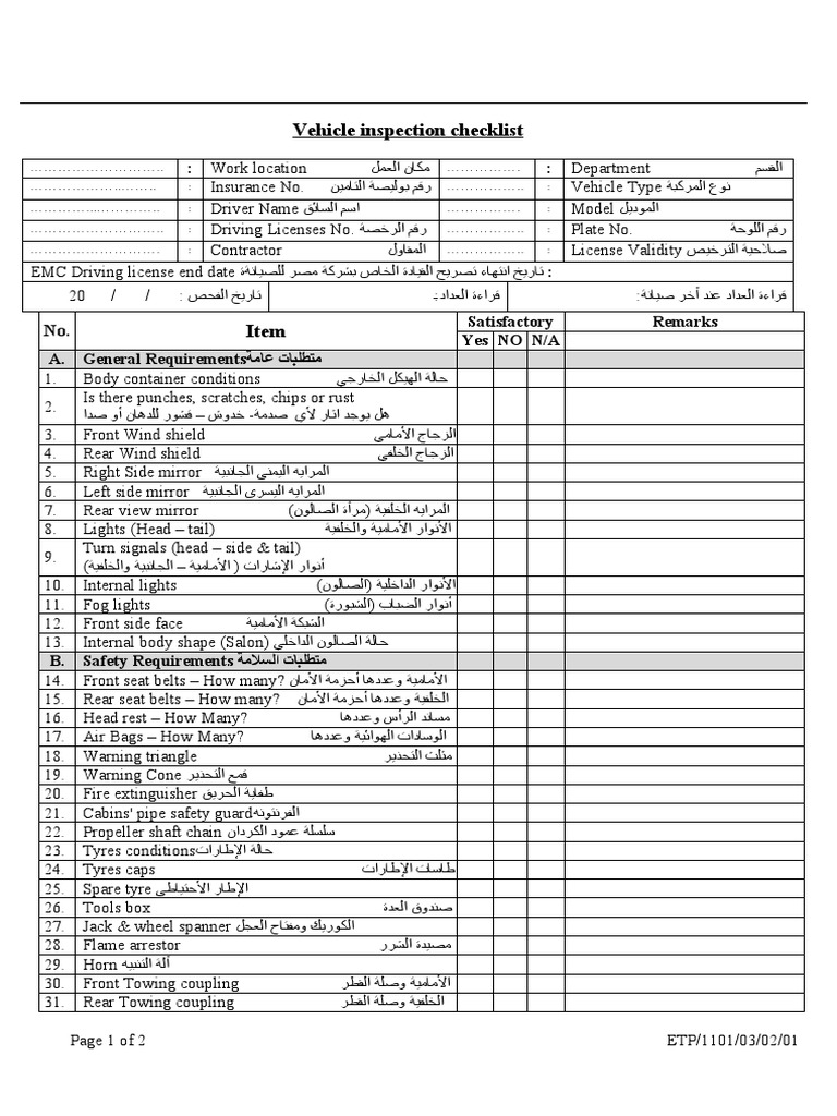 Vechile Checklist | PDF