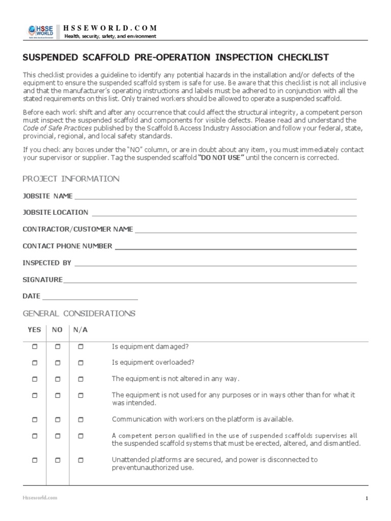 Suspended Scaffold Pre-Operation Inspection Checklist: Project ...