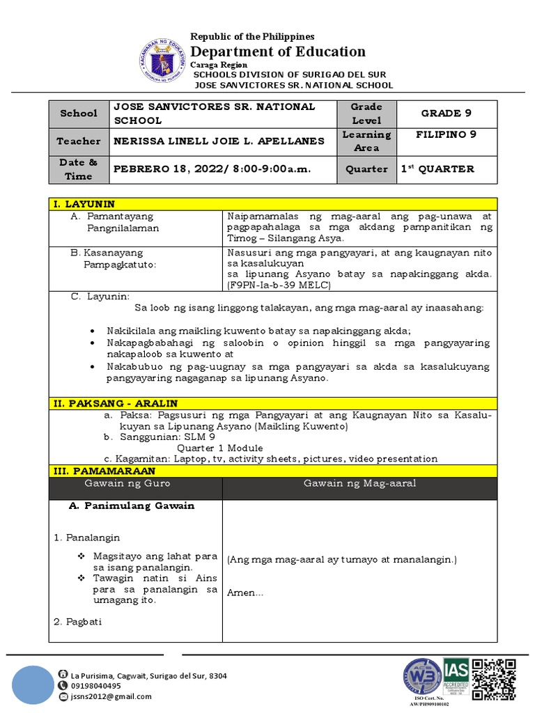 1st Quarter Detailed Lesson-Plan | PDF