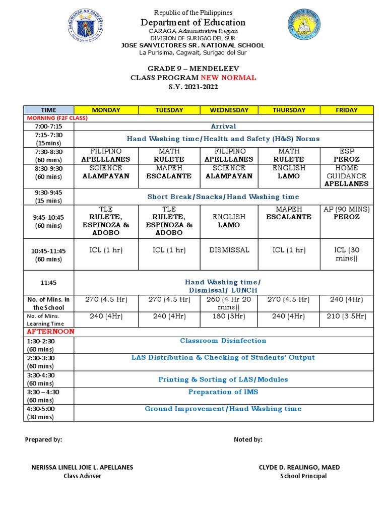 Grade 9-Mendeleev-CLASSPROGRAM-2021-2022 | PDF | Philippines Grade 9-Mendeleev-CLASSPROGRAM-2021-2022 | PDF | Philippines