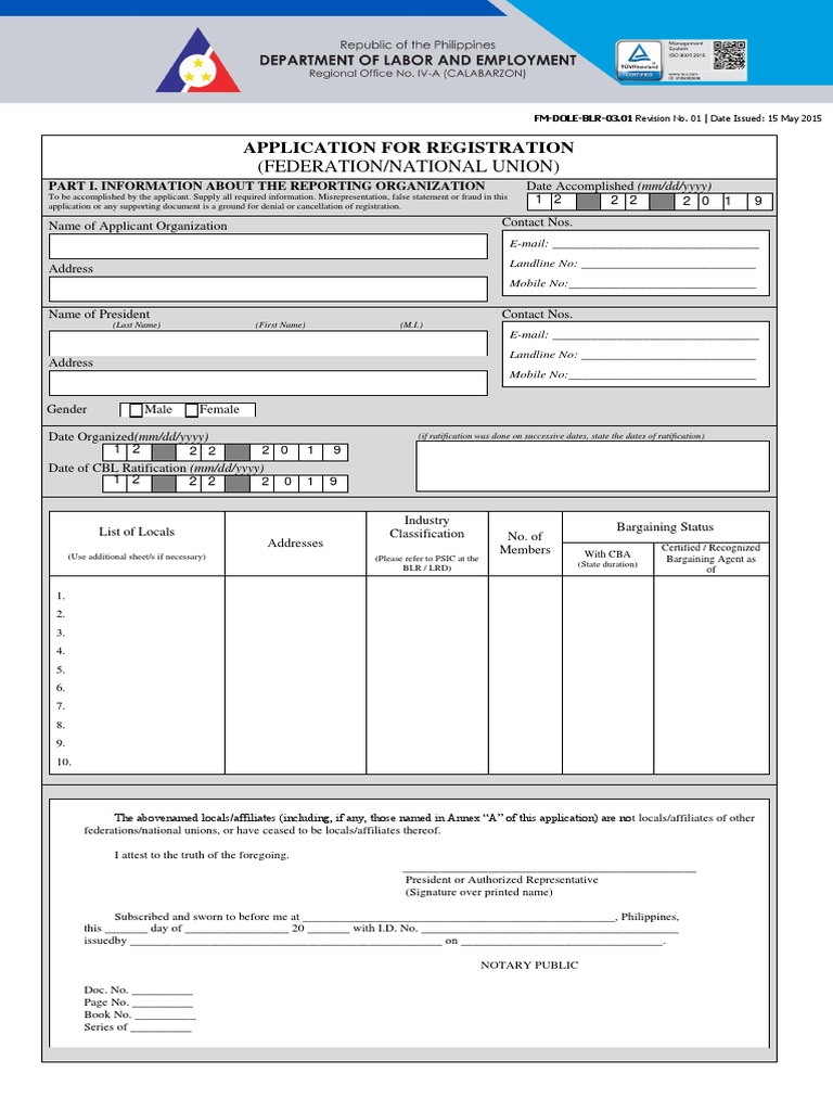 Application For Registration (Federation - National Union) With ...
