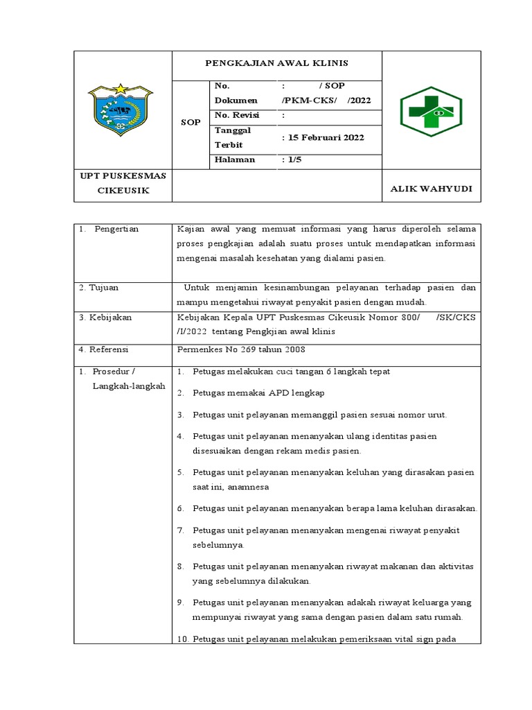 Sop Pengkajian Awal Klinis | PDF