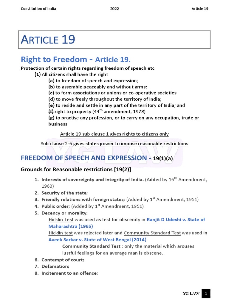 Emailing ARTICLE 19 - Constitution of India - YG Notes - 5937299 | PDF ...