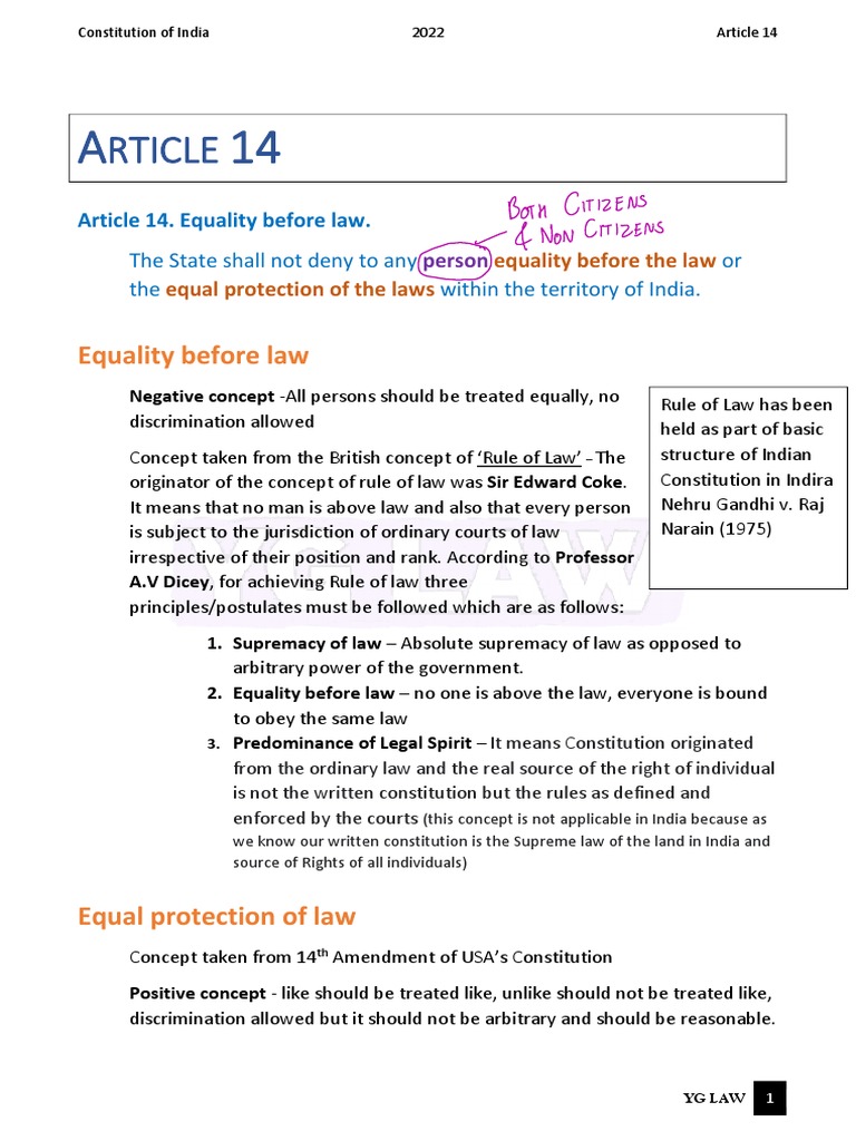 Article 14 - Constitution of India - YG Notes - 5832658 | PDF | Rule Of ...