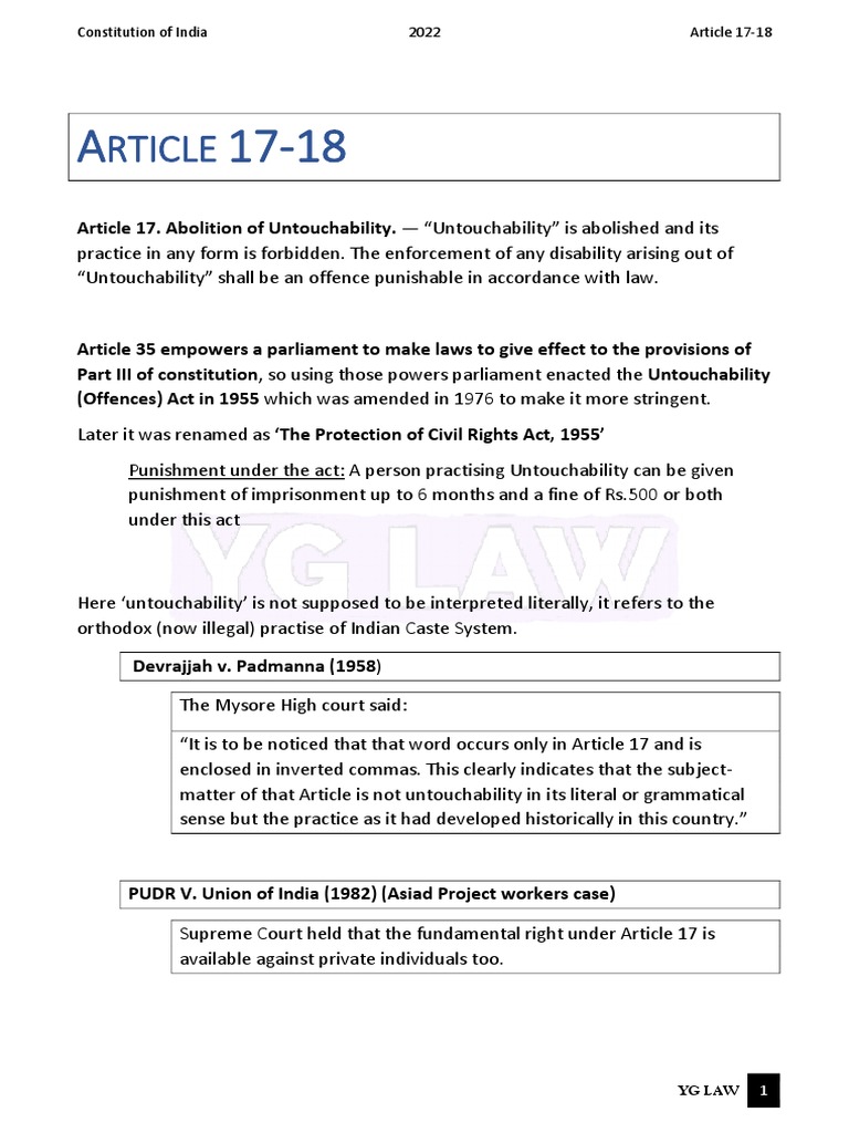 Article 17-18 - Constitution of India - YG Notes - 5937298 | PDF ...